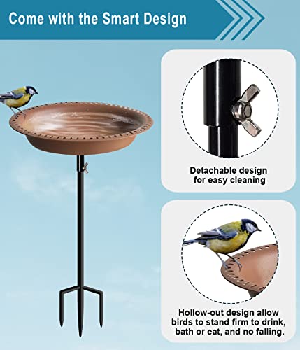 Koutemie 1-¼ Gallon Detachable Free Standing Garden Bird Bath Bird Feeder Bowl with Metal Stake for Outdoor, Bird Friendly Color - Deep Brown, 29 Inch