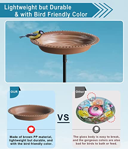 Koutemie 1-¼ Gallon Detachable Free Standing Garden Bird Bath Bird Feeder Bowl with Metal Stake for Outdoor, Bird Friendly Color - Deep Brown, 29 Inch