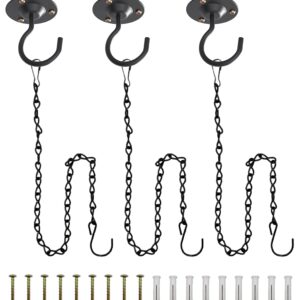 NACETURE Ceiling Hooks for Hanging Plants 3 Pack - Plant Hanger Indoor Hanging Hooks Metal Plant Bracket Iron Lanterns Hangers for Wind Chimes, Planters (Round White 3 Pack) (Black With Chain, 3 Pack)