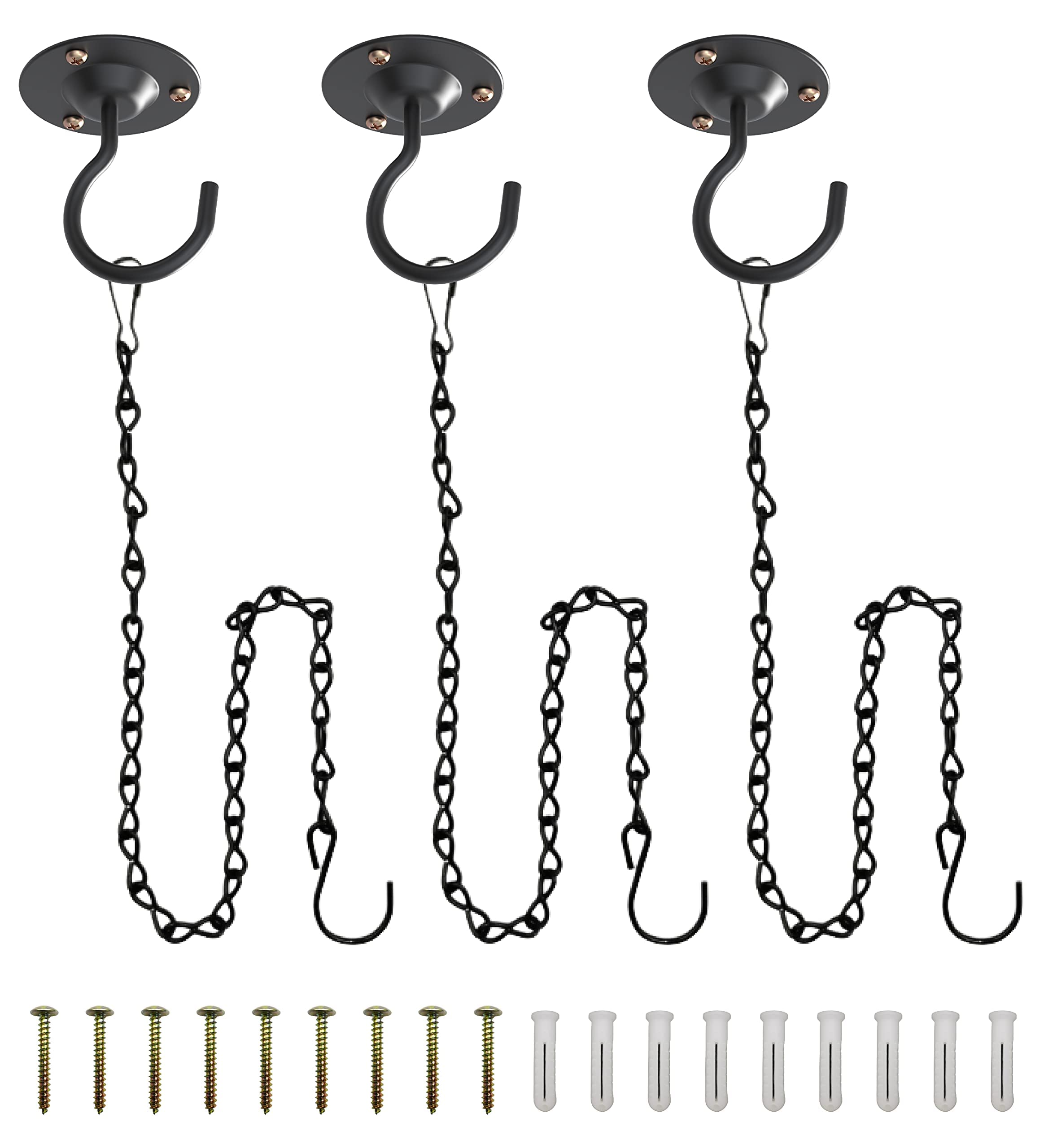 NACETURE Ceiling Hooks for Hanging Plants 3 Pack - Plant Hanger Indoor Hanging Hooks Metal Plant Bracket Iron Lanterns Hangers for Wind Chimes, Planters (Round White 3 Pack) (Black With Chain, 3 Pack)