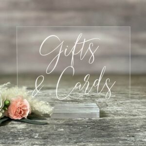 gifts and cards acrylic 8x10 sign with stand | wedding table decor for modern and classic events | lucite decorations for birthday and anniversary parties (5x7, clear acrylic stand)