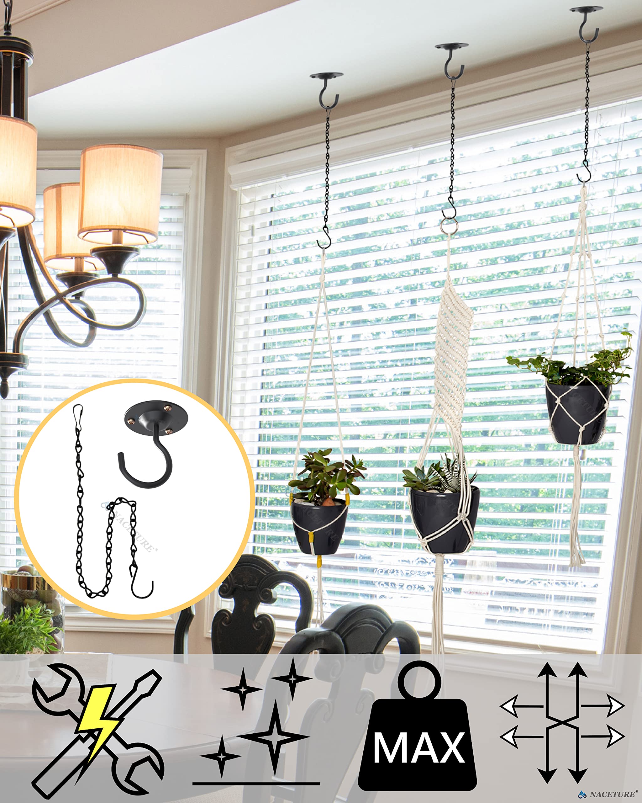 NACETURE Ceiling Hooks for Hanging Plants 3 Pack - Plant Hanger Indoor Hanging Hooks Metal Plant Bracket Iron Lanterns Hangers for Wind Chimes, Planters (Round White 3 Pack) (Black With Chain, 3 Pack)