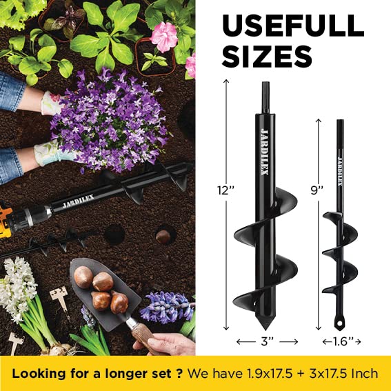 Jardilex Auger Drill Bit for Planting – 3×12 Inch + 1.6×9 Inch set – Garden Spiral Auger Bit for bedding plants, planting bulbs, umbrella holes - Save your back and your – free Plant Labels and Marker