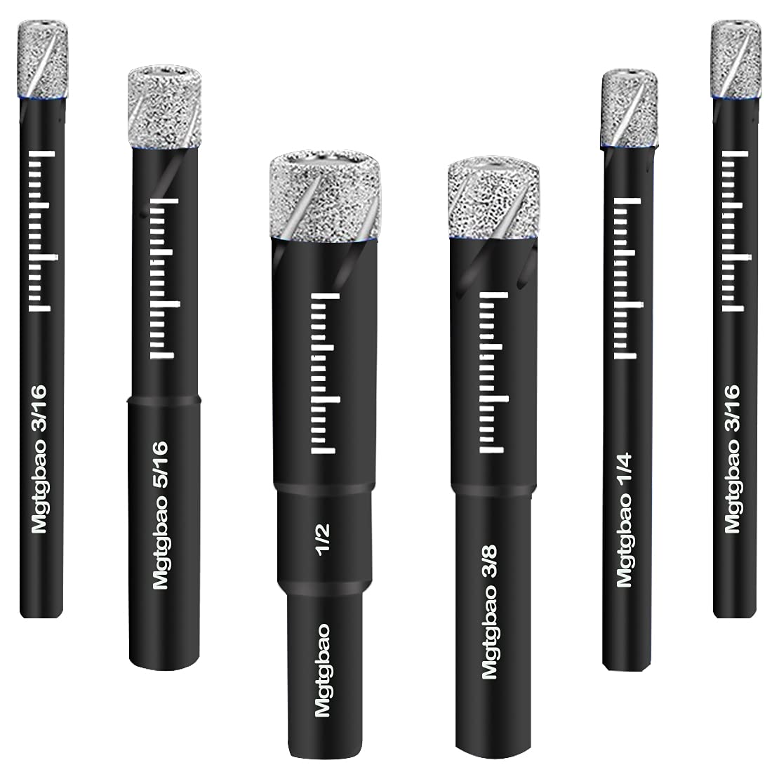 Mgtgao 6pc Black Dry Diamond Drill Bits Set for Granite Ceramic Marble Tile Stone Glass Hard Materials (not for Wood), Round Shank 3/16”, 1/4”, 5/16”, 3/8”, 1/2 ” with Storage Case