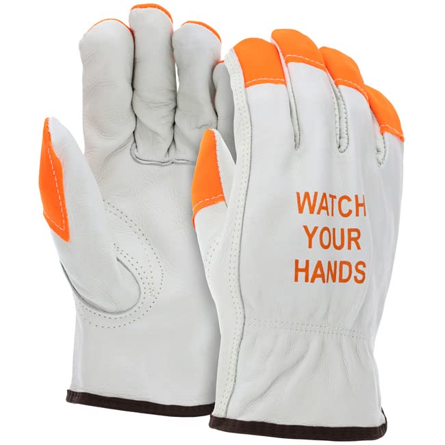 ATERET 12 Pairs X-Large Hi Vis Heavy Duty Durable Cowhigh Leather Work Gloves I Orange Tip - Watch Your Hand I Driver Gloves for Truck Driving, Warehouse, Gardening, Farming (XLarge, 12)