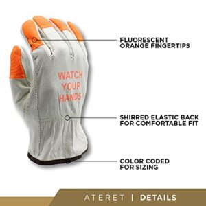 ATERET 12 Pairs X-Large Hi Vis Heavy Duty Durable Cowhigh Leather Work Gloves I Orange Tip - Watch Your Hand I Driver Gloves for Truck Driving, Warehouse, Gardening, Farming (XLarge, 12)