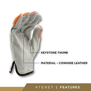 ATERET 12 Pairs X-Large Hi Vis Heavy Duty Durable Cowhigh Leather Work Gloves I Orange Tip - Watch Your Hand I Driver Gloves for Truck Driving, Warehouse, Gardening, Farming (XLarge, 12)