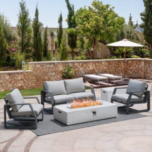 Essential Lounger 56 Inch Firepit Table for Outside, 50,000 BTU Rectangular Concrete Outdoor Firepit Tables with Wind Guard,Waterproof Cover,Lava Rocks,Side Handles,Big Propane Gas Fire Table - Grey