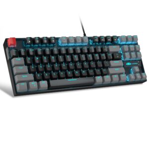 magegee 75% mechanical gaming keyboard with red switch, led blue backlit keyboard, 87 keys compact tkl wired computer keyboard for windows laptop pc gamer - black/grey