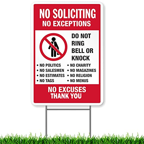 No Solicitation Sign, 18" x 9" with H Metal Stakes, Funny Decor for Home House Yard, No Excuses, No Exceptions Do Not Ring Bell No Knock Sign (H Stake)