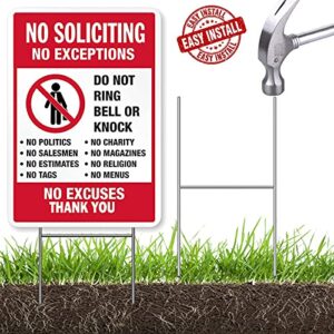 No Solicitation Sign, 18" x 9" with H Metal Stakes, Funny Decor for Home House Yard, No Excuses, No Exceptions Do Not Ring Bell No Knock Sign (H Stake)