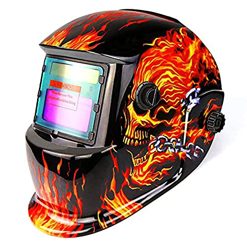 Solar Power Auto Darkening Welding Helmets Hood with Wide Lens Adjustable Shade for Weld Grinding Mask Flaming Skull Design AST01