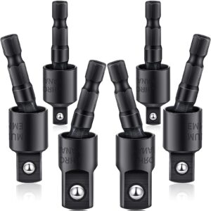 Honoson Power Drill Sockets Adapter Set Impact Driver Wobble Socket Adapter 360 Degree Rotatable Hex Shank Impact Driver Socket Adapter Drill Bits Adapter 1/4 Inch 3/8 Inch 1/2 Inch, Black (6)