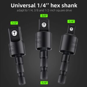 Honoson Power Drill Sockets Adapter Set Impact Driver Wobble Socket Adapter 360 Degree Rotatable Hex Shank Impact Driver Socket Adapter Drill Bits Adapter 1/4 Inch 3/8 Inch 1/2 Inch, Black (6)