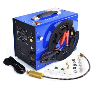 toauto a3 pcp air compressor, unique vertical+wire spool portable design, auto-stop, oil/water-free, 4500psi/30mpa, 8mm quick-connector for paintball/pcp air rifle/tank, 110v ac or 12v car battery