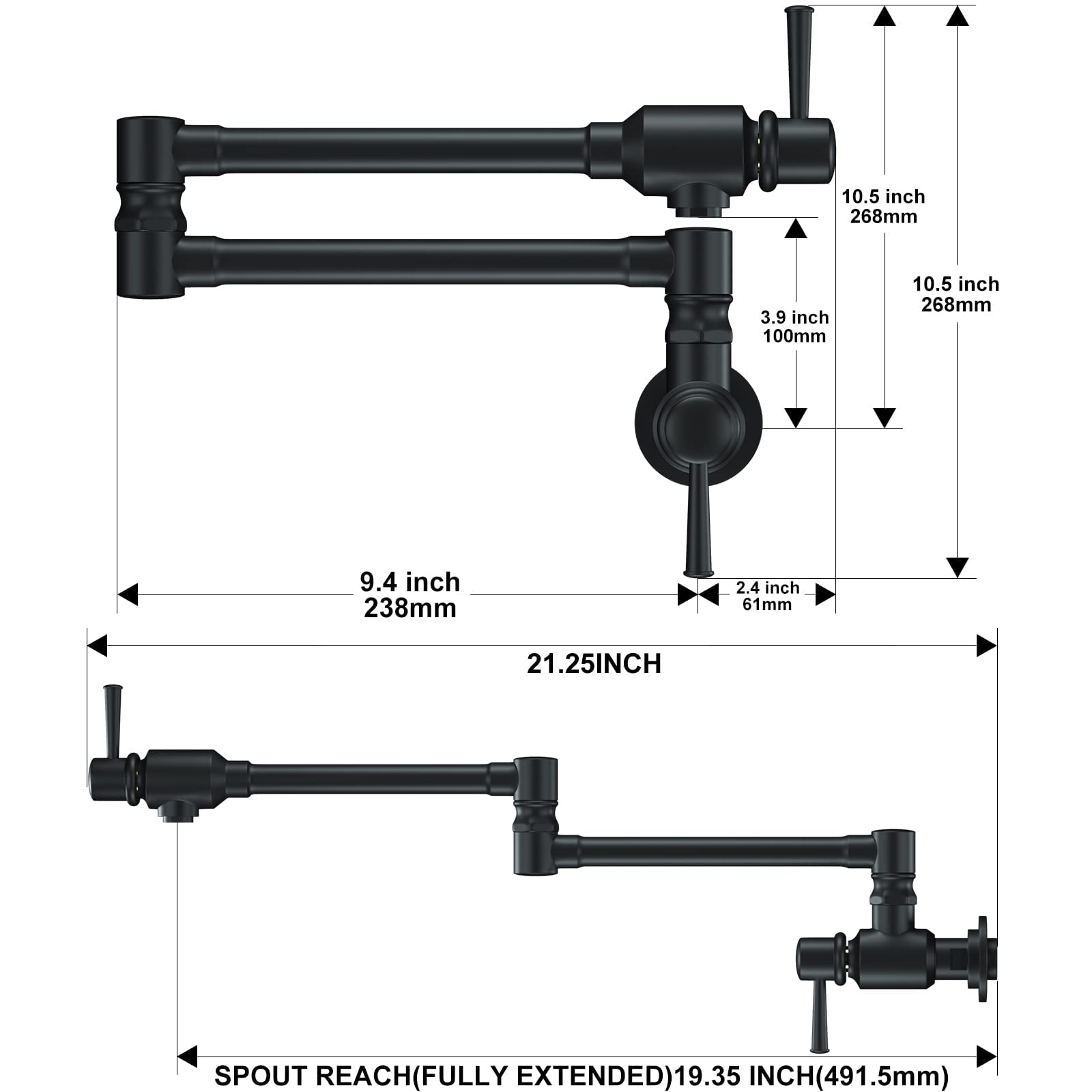 CWM Matte Black Pot Filler Faucet,Pot Filler Black Folding Faucet,Commercial Wall Mount Stainless Steel Material Stretchable Double Joint Swing Arm with Single Hole Two Handles.