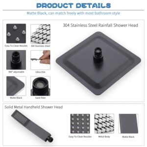 All Metal Shower Faucet Set, Dual Square Shower Head System with Handheld Wand & Rainfall Showerhead, Diverter, Hose Complete Combo, Pressure Balance Rough-in Valve Included