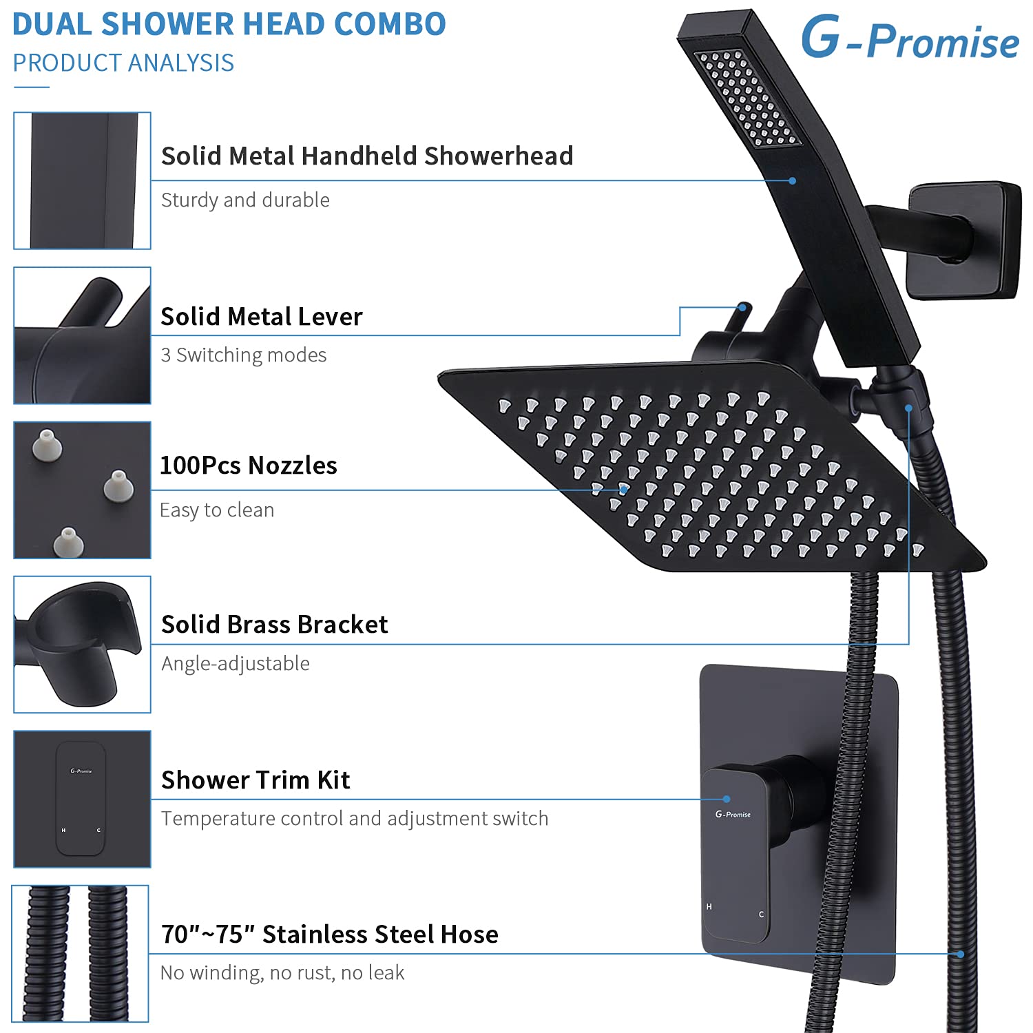 All Metal Shower Faucet Set, Dual Square Shower Head System with Handheld Wand & Rainfall Showerhead, Diverter, Hose Complete Combo, Pressure Balance Rough-in Valve Included