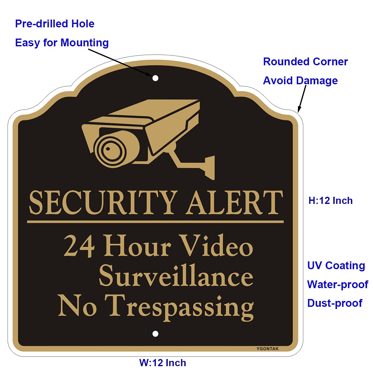 2Pack 24 Hour Video Surveillance Sign No Trespassing Waring Sign Security Alert 12x12 inch Reflective Aluminum Alloy CCTV Security Camera Signs