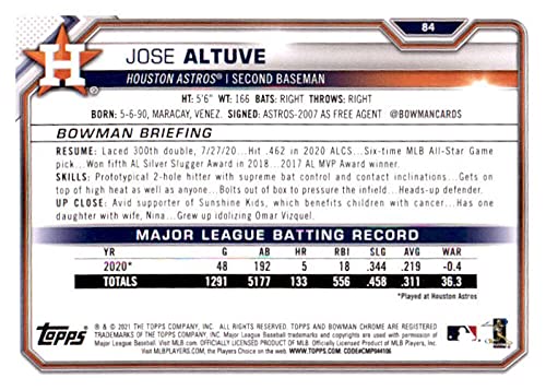 2021 Bowman #84 Jose Altuve Houston Astros Official MLB Baseball Trading Card in Raw (NM or Better) Condition