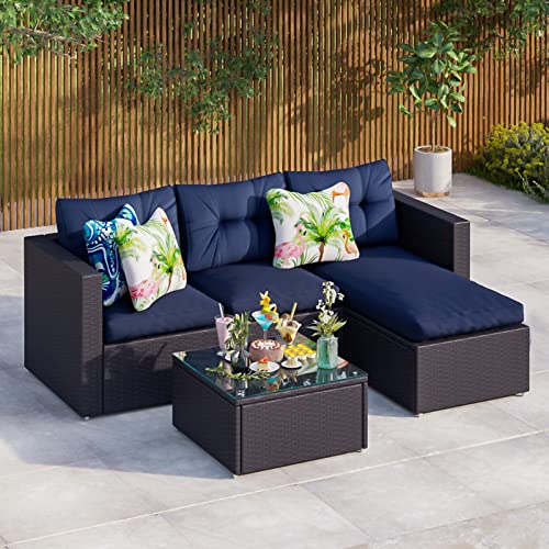 MFSTUDIO Outdoor Patio Furniture Sets,All-Weather Outdoor Sectional Sofa Set,Small Rattan Patio Conversation Set with Cushion&Coffee Table(Navy Blue)