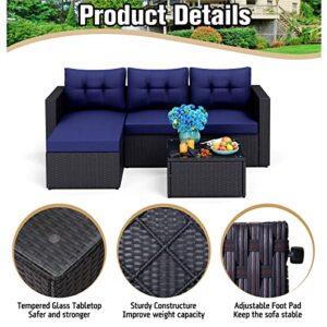 MFSTUDIO Outdoor Patio Furniture Sets,All-Weather Outdoor Sectional Sofa Set,Small Rattan Patio Conversation Set with Cushion&Coffee Table(Navy Blue)