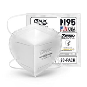 bnx n95 mask niosh certified made in usa particulate respirator protective face mask (20-pack, approval number tc-84a-9315 / model h95w) white