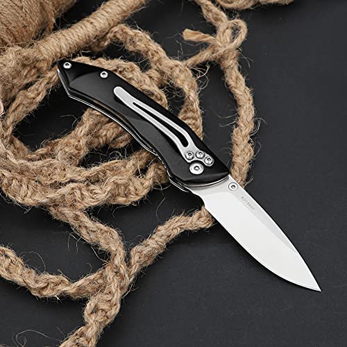 Black Folding Pocket Knife, 8cr13mov Stainless Steel Blade, Lightweight Aluminum Handle, Safety Liner-Lock, Belt Clip, Perfect for Camping, Hunting, Hiking, and Every Day Carry