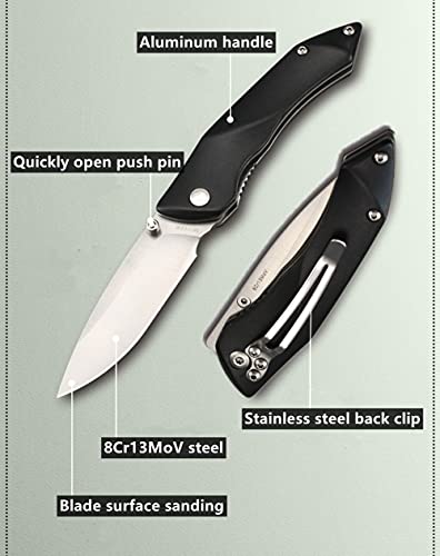 Black Folding Pocket Knife, 8cr13mov Stainless Steel Blade, Lightweight Aluminum Handle, Safety Liner-Lock, Belt Clip, Perfect for Camping, Hunting, Hiking, and Every Day Carry