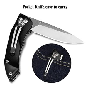 Black Folding Pocket Knife, 8cr13mov Stainless Steel Blade, Lightweight Aluminum Handle, Safety Liner-Lock, Belt Clip, Perfect for Camping, Hunting, Hiking, and Every Day Carry