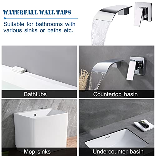 KAPHOME Waterfall Faucet Wall Mount,Brass Bathroom Waterfall Tub Faucet,Wall Mounted Bathtub Filler Tap,Chrome,KHBPC01U