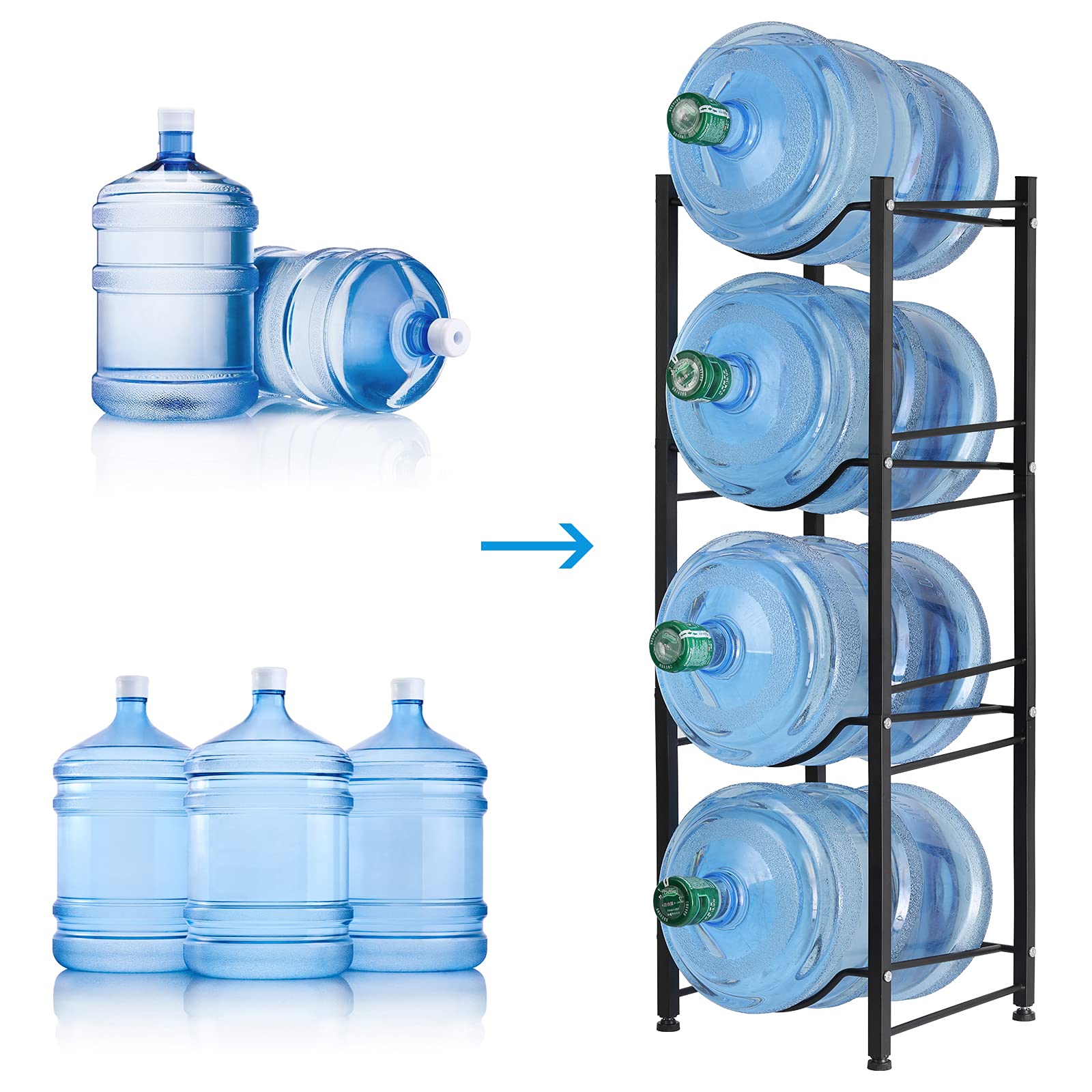 MOOACE 4-Tier Water Jug Rack, 5 Gallon Detachable Water Bottle Holder for Kitchen, Office, Home, Black