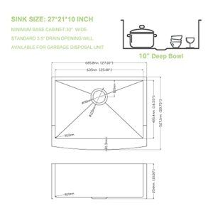 Lofeyo 27 Inch Farm Sink, Stainless Steel Farmhouse Sink Apron Front 16 Gauge Single Bowl Farm Kitchen Sink R10 Round Corner Basin