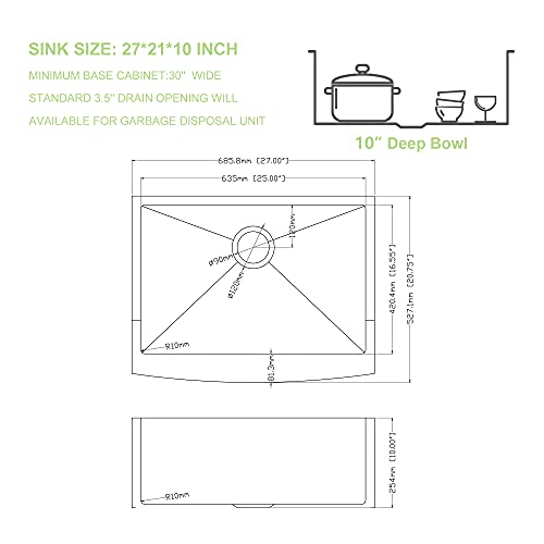 Lofeyo 27 Inch Farm Sink, Stainless Steel Farmhouse Sink Apron Front 16 Gauge Single Bowl Farm Kitchen Sink R10 Round Corner Basin