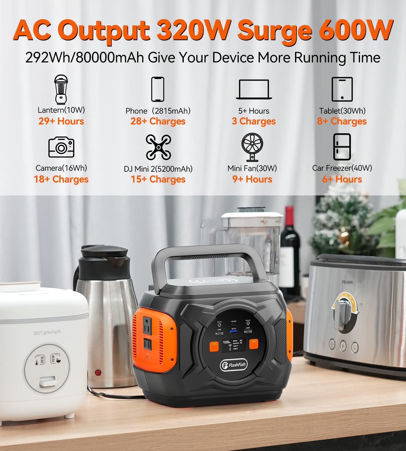 FF FLASHFISH 320W Portable Power Station, 292Wh 80000mAh Solar Generator With AC/DC/100W USB-C/Wireless Charger/SOS Light, CPAP Battery Pack Backup Power For CPAP Outdoor Adventure Camping Emergency