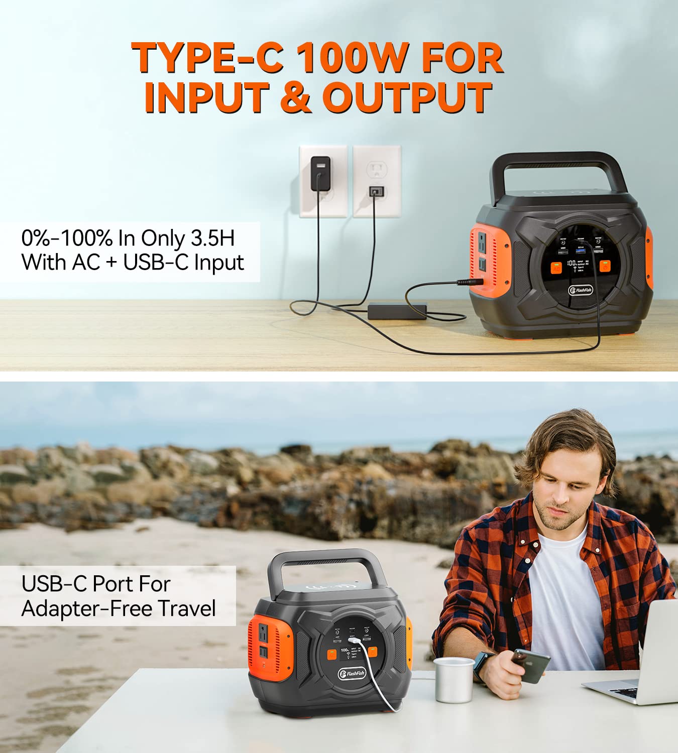 FF FLASHFISH 320W Portable Power Station, 292Wh 80000mAh Solar Generator With AC/DC/100W USB-C/Wireless Charger/SOS Light, CPAP Battery Pack Backup Power For CPAP Outdoor Adventure Camping Emergency