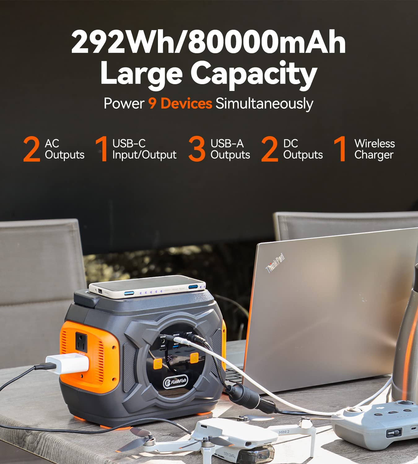 FF FLASHFISH 320W Portable Power Station, 292Wh 80000mAh Solar Generator With AC/DC/100W USB-C/Wireless Charger/SOS Light, CPAP Battery Pack Backup Power For CPAP Outdoor Adventure Camping Emergency