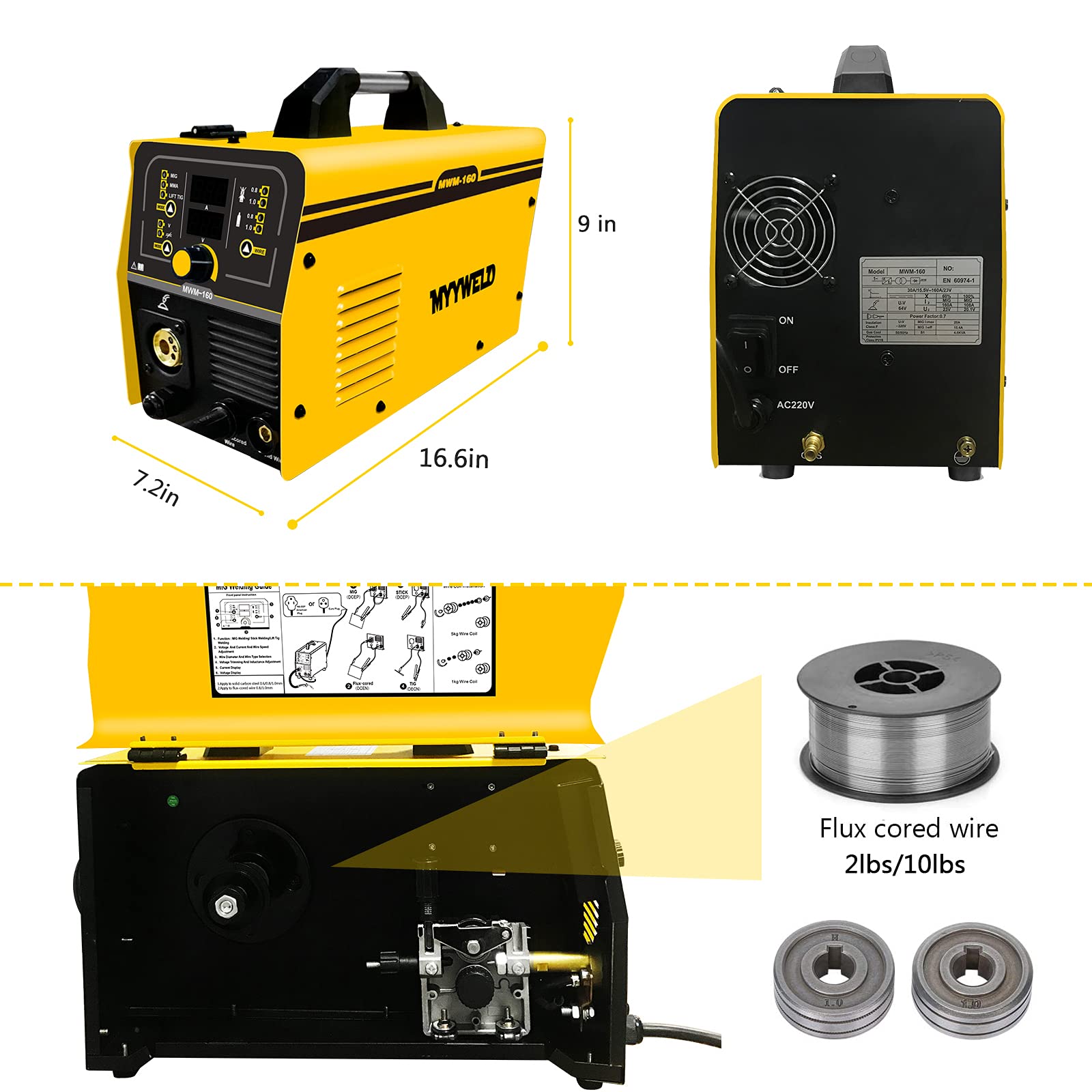 MYYWELD 160A MIG Welder, Gas/Gasless 4 in 1 Welding Machine Stick ARC/Flux MIG/Solid Wire/LIFT TIG Welder with IGBT Inverter，220V Flux Core Wire Welder