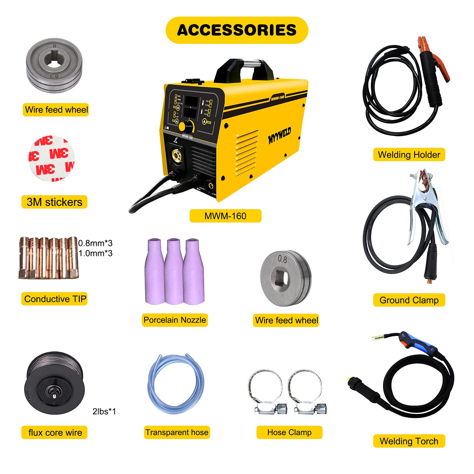 MYYWELD 160A MIG Welder, Gas/Gasless 4 in 1 Welding Machine Stick ARC/Flux MIG/Solid Wire/LIFT TIG Welder with IGBT Inverter，220V Flux Core Wire Welder