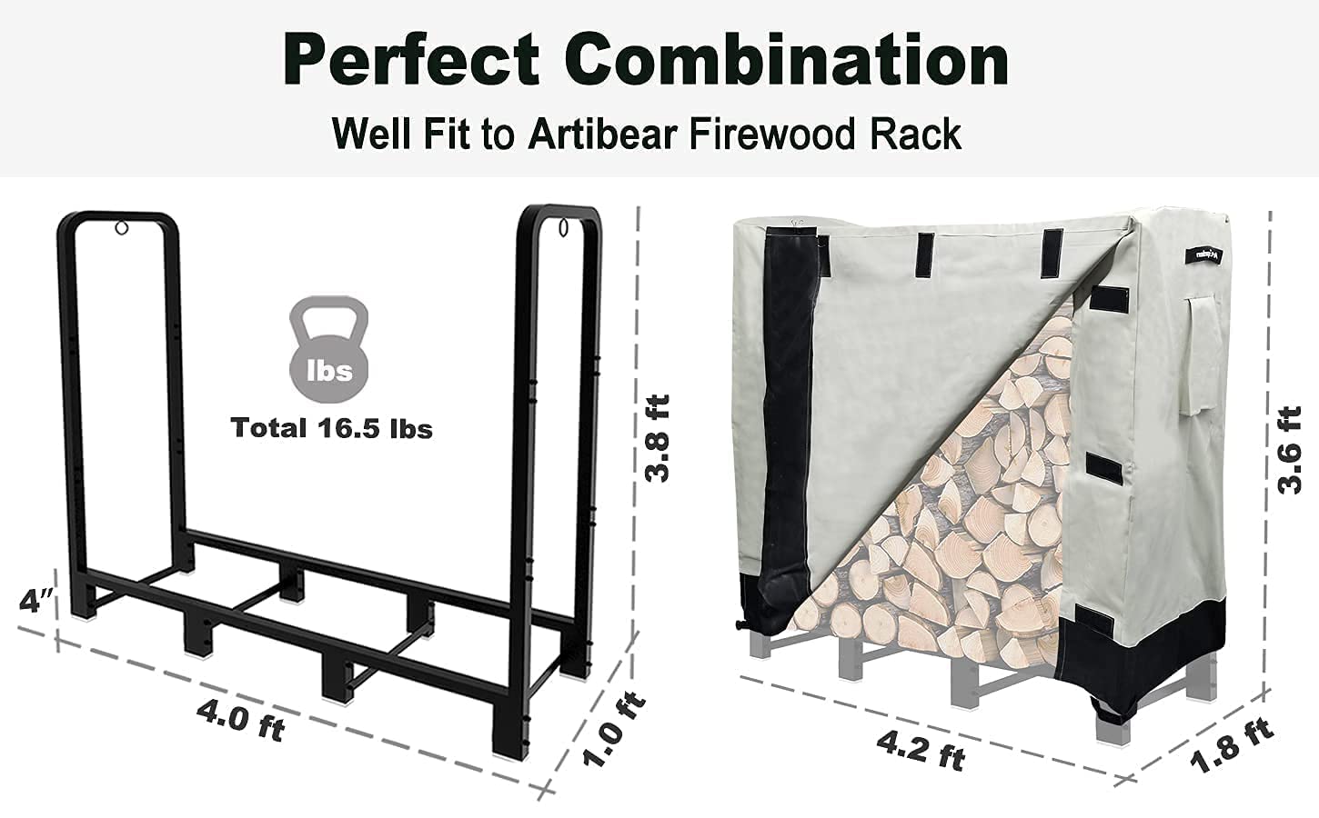 Artibear Firewood Rack Stand 4ft With Log Holder Cover For Outdoor Indoor Fireplace Wood Pile Storage Stacker Organzier