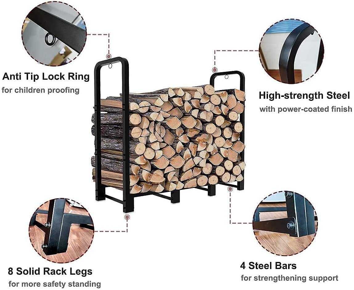 Artibear Firewood Rack Stand 4ft With Log Holder Cover For Outdoor Indoor Fireplace Wood Pile Storage Stacker Organzier