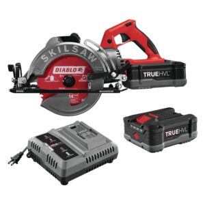 skil 48v 7-1/4'' truehvl cordless worm drive skilsaw circular saw kit with 2 truehvl batteries, diablo blade-spth77m-22, red