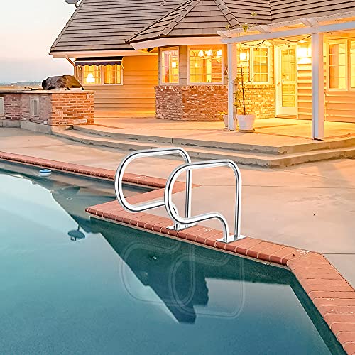 VINGLI 2PCS Swimming Dual Pool Hand Rail, Stainless Steel 3-Bend Pool Stair for Inground Pool with Quick Mount Brace Plate 32x22.5''