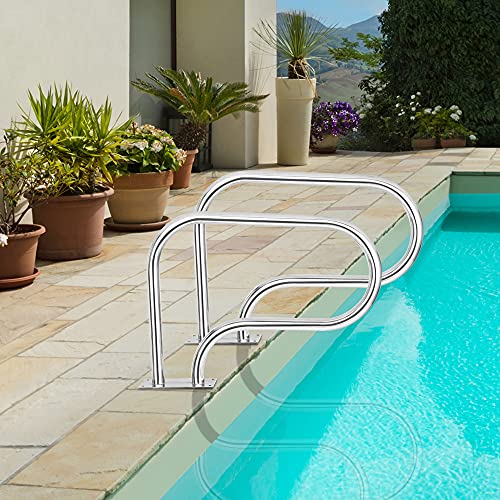 VINGLI 2PCS Swimming Dual Pool Hand Rail, Stainless Steel 3-Bend Pool Stair for Inground Pool with Quick Mount Brace Plate 32x22.5''