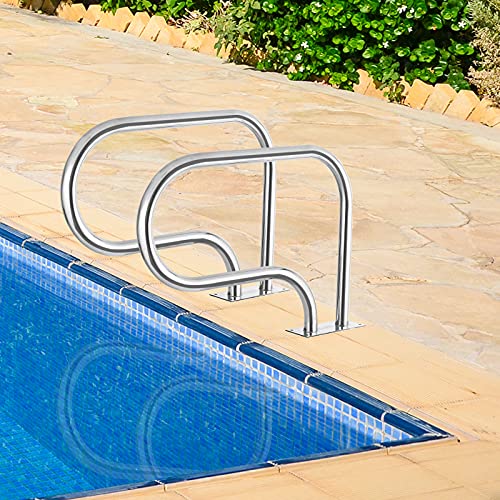 VINGLI 2PCS Swimming Dual Pool Hand Rail, Stainless Steel 3-Bend Pool Stair for Inground Pool with Quick Mount Brace Plate 32x22.5''