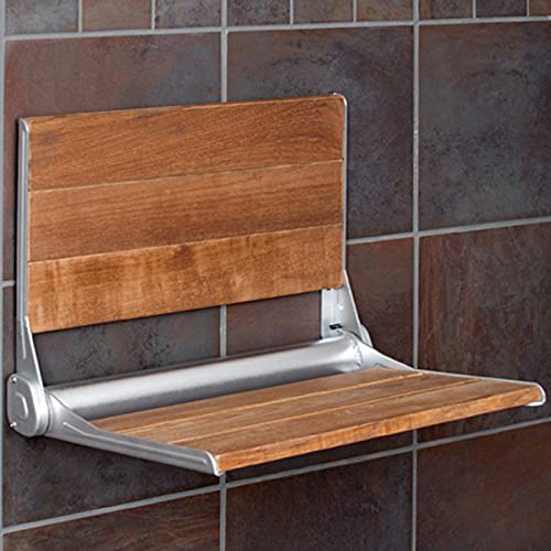 18" ADA Compliant Folding Serena Teak Wood Shower Bench Seat, Clear Coated for Extra Protection and Smooth Modern Finish, Foldable Aluminum Wall-Mounted Fold Up Bathroom Stool Seating Chair