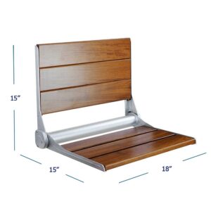 18" ADA Compliant Folding Serena Teak Wood Shower Bench Seat, Clear Coated for Extra Protection and Smooth Modern Finish, Foldable Aluminum Wall-Mounted Fold Up Bathroom Stool Seating Chair