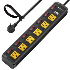 crst 6 outlet heavy duty power strip with individual switches, 15a/1875w moutable metal power strip surge protector with circuit breaker (1200 joules), 6 ft 14awg extension cord