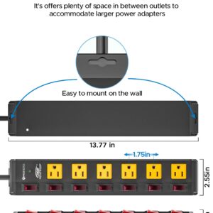 CRST 6 Outlet Heavy Duty Power Strip with Individual Switches, 15A/1875W Moutable Metal Power Strip Surge Protector with Circuit Breaker (1200 Joules), 6 FT 14AWG Extension Cord