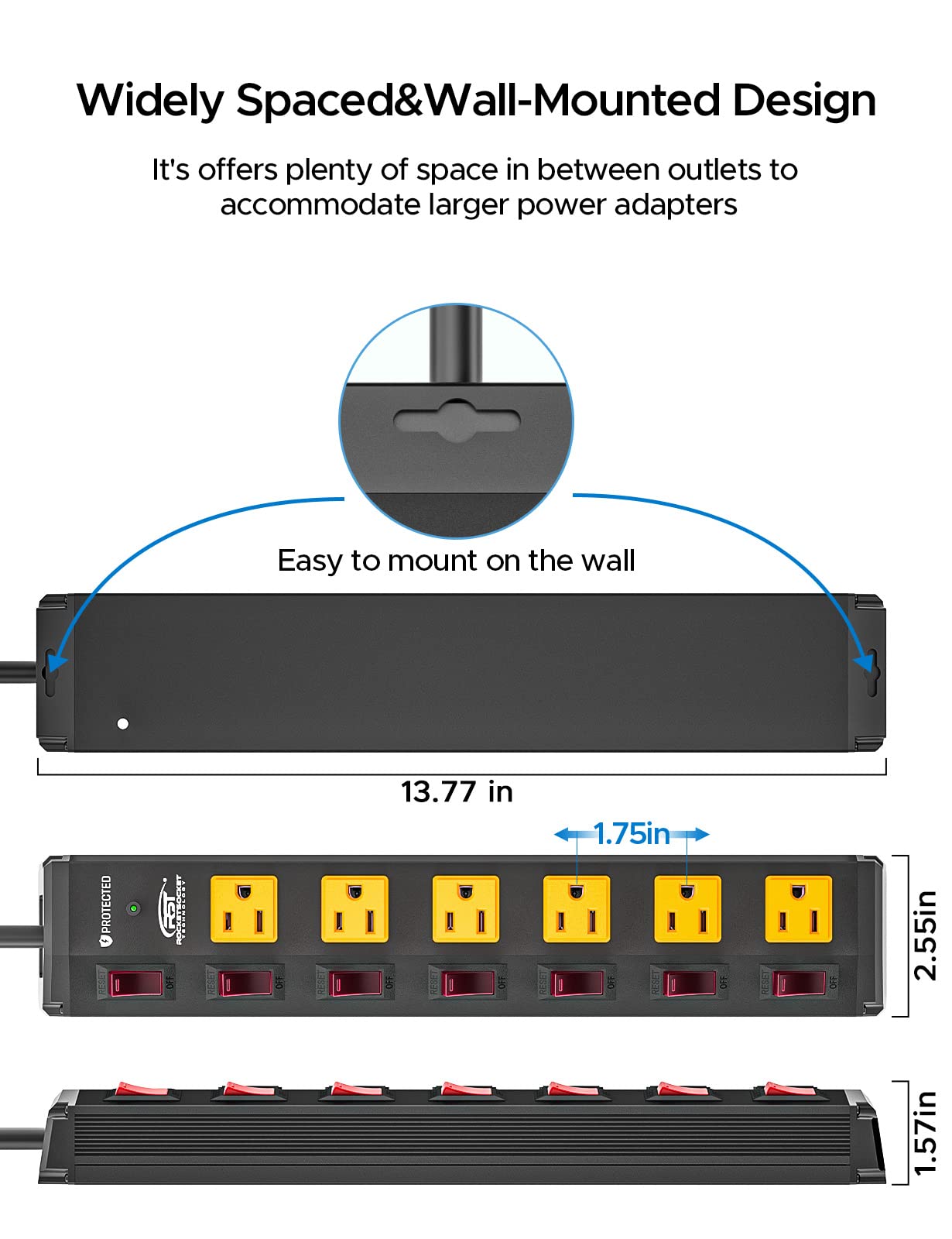 CRST 6 Outlet Heavy Duty Power Strip with Individual Switches, 15A/1875W Moutable Metal Power Strip Surge Protector with Circuit Breaker (1200 Joules), 6 FT 14AWG Extension Cord